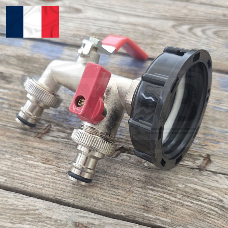 Robinet double 60mm pour cuve récupérateur eau IBC 600 et 1000 litres